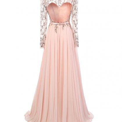 Blush Pink Long Sleeves Floor-length Chiffon Dress Prom Dress, Evening Gown, Homecoming Dress ...
