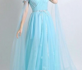 Light Blue Prom Dress Slash Neck Tulle Long Prom Dress Off Shoulder ...