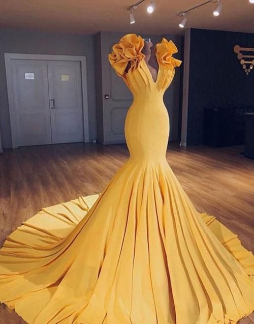 Unique Yellow V Neck Long Prom Gown, Evening Dress, Yellow Formal Dress ...