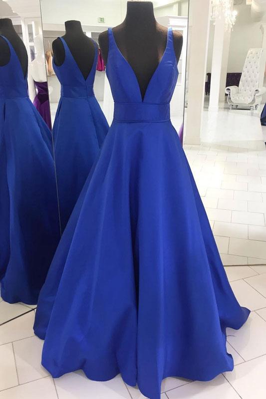 SIMPLE BLUE V NECK LONG PROM DRESS, BLUE EVENING DRESS on Luulla