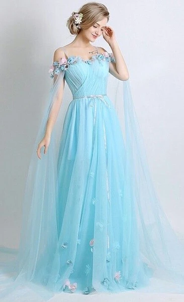 Light Blue Prom Dress Slash Neck Tulle Long Prom Dress Off Shoulder ...