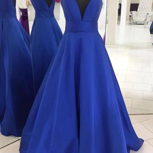 SIMPLE BLUE V NECK LONG PROM DRESS, BLUE EVENING DRESS on Luulla