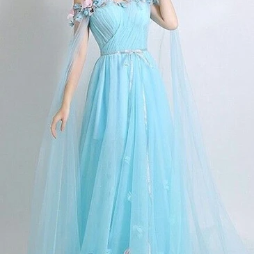 Light Blue Prom Dress Slash Neck Tulle Long Prom Dress Off Shoulder ...