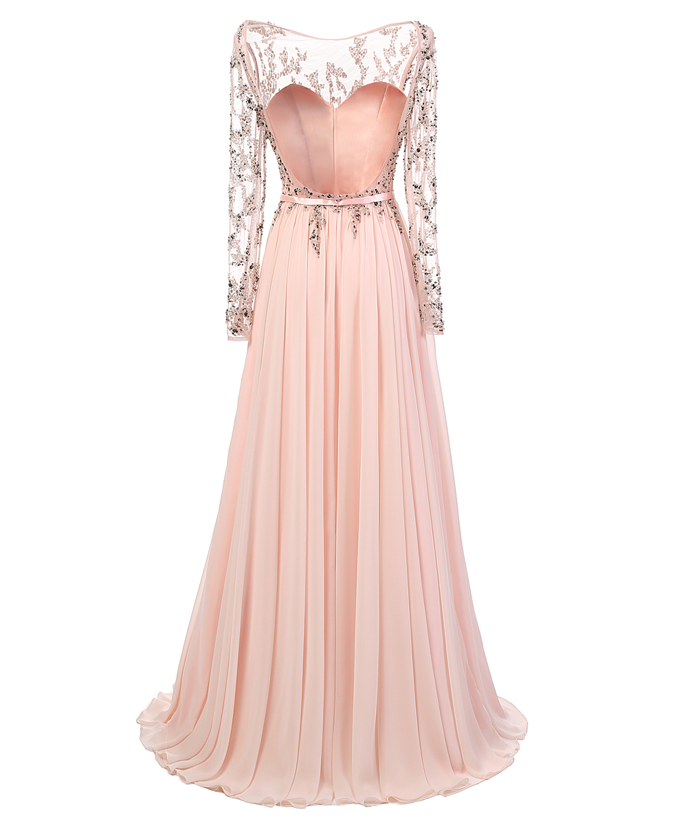 Blush Pink Long Sleeves Floor-length Chiffon Dress Prom Dress, Evening Gown, Homecoming Dress ...