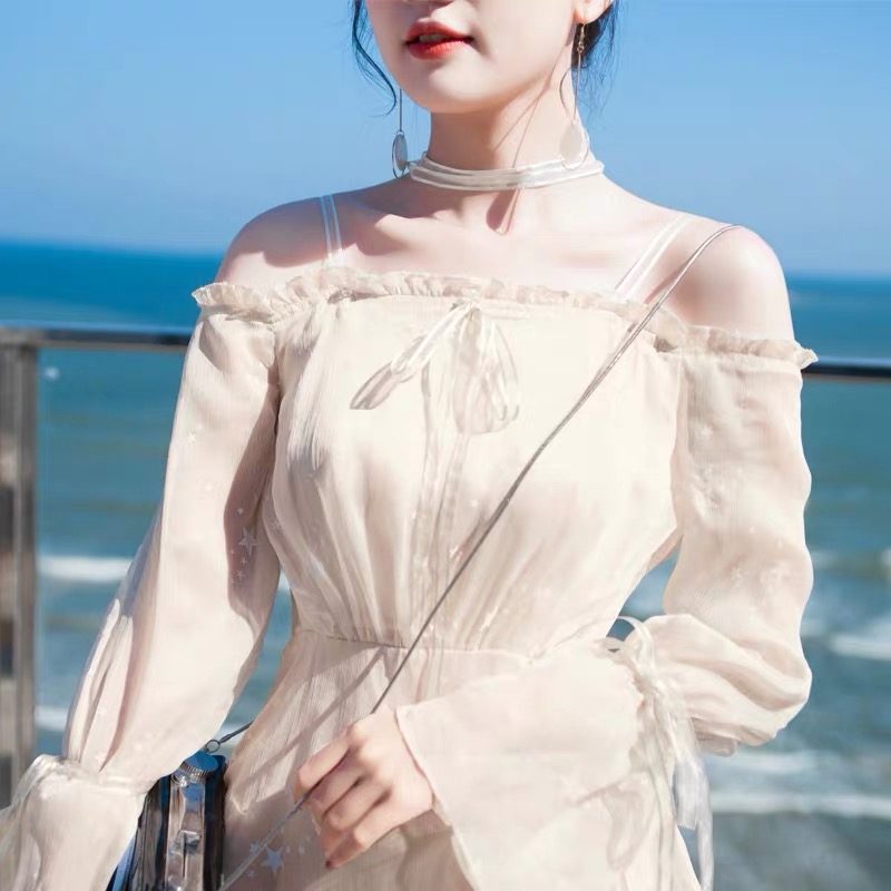 Beige Prom Dress Off Shoulder Party Dress Long Sleeve Evening Dress ...